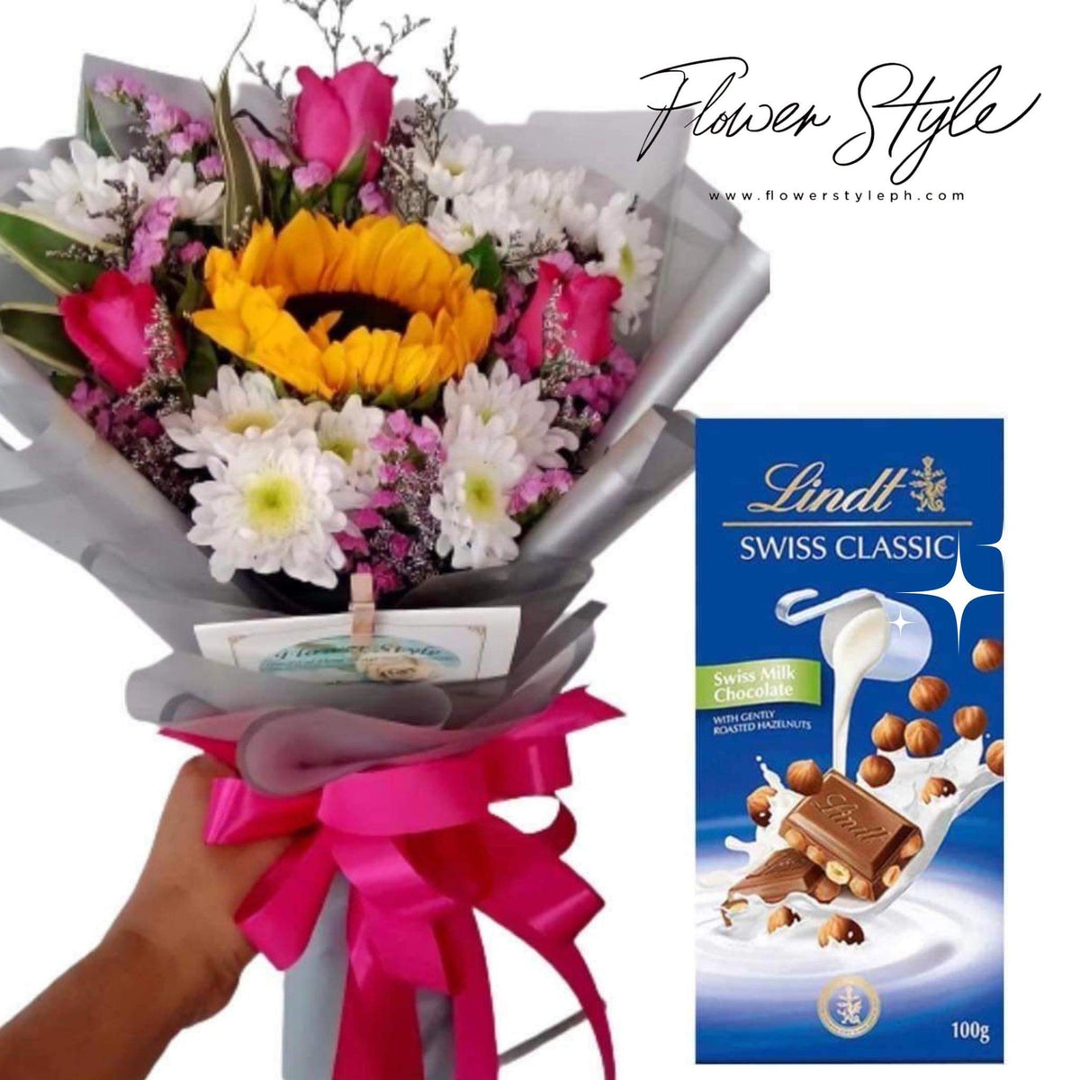 Sweetness flower bouquet of roses and sunflower with chocolate ...